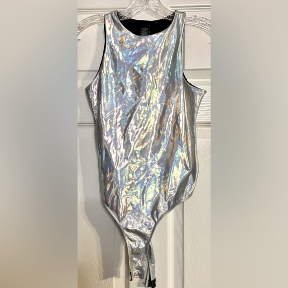 Just Polly | Tops | Nwt Just Polly New York Silver Pleather Bodysuit ...
